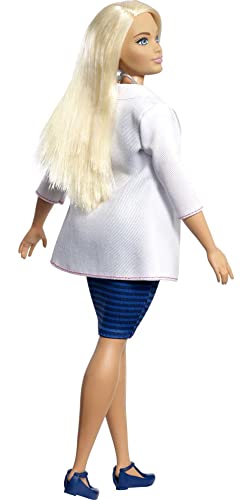 Barbie Doctor Doll, Curvy, Dressed in White Coat with Stethoscope and Blonde Hair, Gift for 3 to 7 Year Olds