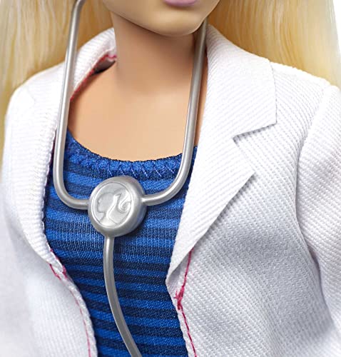 Barbie Doctor Doll, Curvy, Dressed in White Coat with Stethoscope and Blonde Hair, Gift for 3 to 7 Year Olds