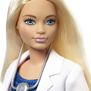 Barbie Doctor Doll, Curvy, Dressed in White Coat with Stethoscope and Blonde Hair, Gift for 3 to 7 Year Olds