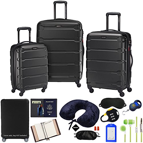 Samsonite 68311-1041 Omni Hardside Luggage Nested Spinner Set 20 Inch, 24 Inch, 28 Inch - Black Bundle w/Deco Gear Luggage Accessory Kit (10 Item)