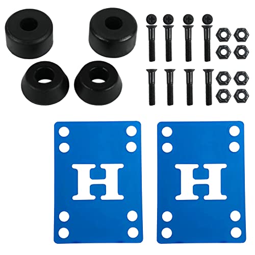 Dime Bag Skateboard Bushings (for 2 Trucks) + Blue Riser Pads and 1" Phillips Hardware (98A Black)