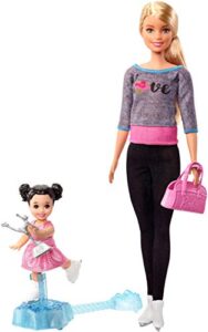 barbie ice-skating dolls & playset with blonde coach barbie doll, brunette small doll and ice-skating base with turning mechanism, gift for 3 to 7 year olds