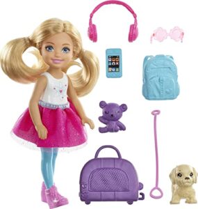 barbie dreamhouse adventures doll & accessories, travel set with blonde chelsea small doll, puppy, carrier & backpack that opens