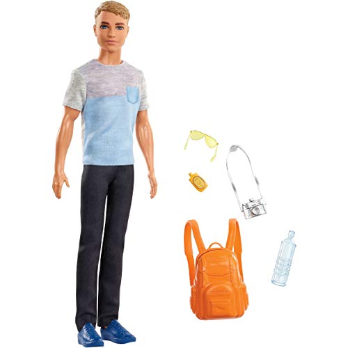 Barbie Ken Doll & 5 Travel-Themed Accessories, Includes Backpack that Opens & Closes, Fashion Doll with Dark Brown Hair