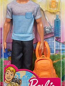 Barbie Ken Doll & 5 Travel-Themed Accessories, Includes Backpack that Opens & Closes, Fashion Doll with Dark Brown Hair