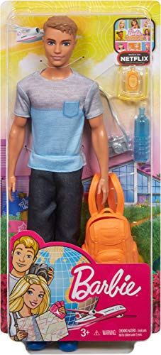 Barbie Ken Doll & 5 Travel-Themed Accessories, Includes Backpack that Opens & Closes, Fashion Doll with Dark Brown Hair