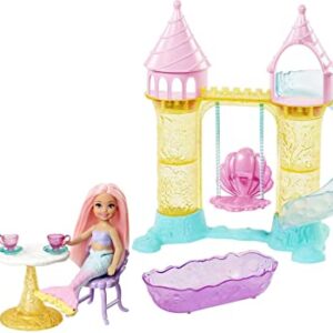 Barbie Dreamtopia Mermaid Playground Playset, with Chelsea Mermaid Doll, Merbear Friend Figure and Sand Castle Set with Swing, Slide, Pool and Tea Party, Gift for 3 to 7 Year Olds