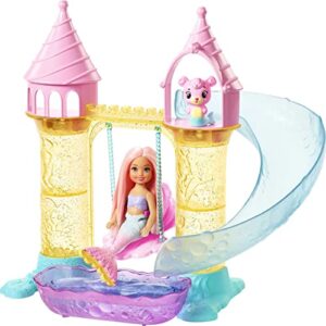 Barbie Dreamtopia Mermaid Playground Playset, with Chelsea Mermaid Doll, Merbear Friend Figure and Sand Castle Set with Swing, Slide, Pool and Tea Party, Gift for 3 to 7 Year Olds