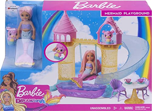 Barbie Dreamtopia Mermaid Playground Playset, with Chelsea Mermaid Doll, Merbear Friend Figure and Sand Castle Set with Swing, Slide, Pool and Tea Party, Gift for 3 to 7 Year Olds