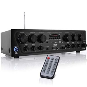 pyle bluetooth home audio amplifier system-upgraded 6 channel 750 watt wireless home audio sound power stereo receiver w/usb, micro sd, headphone,2 microphone input w/echo, talkover for pa - pta62bt.5