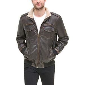 levi's mens vintage deer sherpa lined aviator bomber faux leather jacket, dark brown, large us