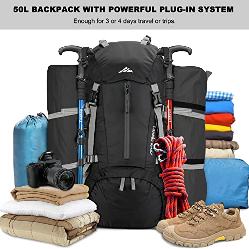 Loowoko 50L Hiking Backpack, Waterproof Camping Essentials Bag with Rain Cover, 45+5 Liter Lightweight Backpacking Back Pack