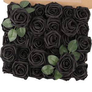 macting black roses artificial flowers, 30pcs real touch fake foam roses for diy bouquets wedding party baby shower home decoration (black)