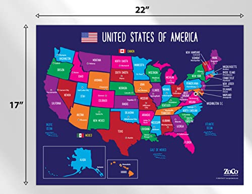 Safety Magnets Map of USA 50 States with Capitals Poster - Laminated, 17 x 22 inches - Colorful Complete Map of United States for Children - North America, US Wall Map - Classroom & Homeschool