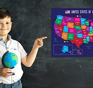 Safety Magnets Map of USA 50 States with Capitals Poster - Laminated, 17 x 22 inches - Colorful Complete Map of United States for Children - North America, US Wall Map - Classroom & Homeschool