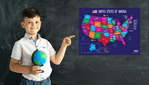 Safety Magnets Map of USA 50 States with Capitals Poster - Laminated, 17 x 22 inches - Colorful Complete Map of United States for Children - North America, US Wall Map - Classroom & Homeschool