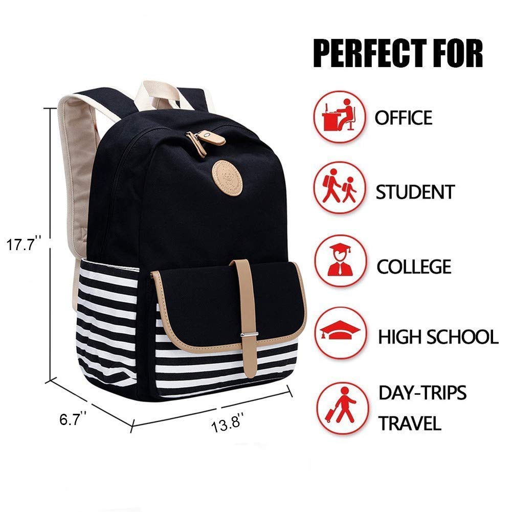 FLYMEI Cute Backpack for Girls, Lightweight Canvas Backpack for Girls/Boys, 15.6 Inch Laptop Backpack for Men, Durable Women Cute Backpack, Waterproof Black Bookbags for Teens