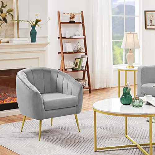 Yaheetech Velvet Accent Chair, Modern Soft Living Room Chair with Gold Metal Legs, Tufted Accent Armchair for Bedroom/Office/Guest Room, Gray