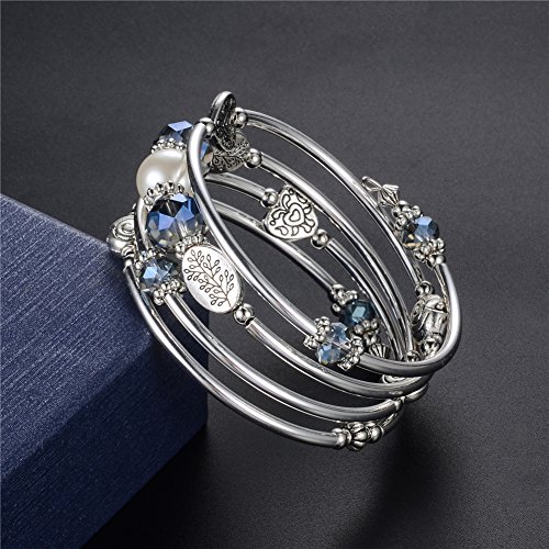 PEARL&CLUB Bead Crystal Wrap Bangle Bracelet - Fashion Jewelry Beaded Bracelet with Silver Metal, Gifts for Women(92-Blue)