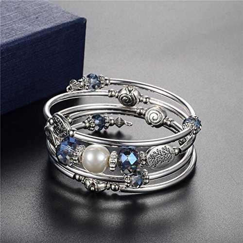 PEARL&CLUB Bead Crystal Wrap Bangle Bracelet - Fashion Jewelry Beaded Bracelet with Silver Metal, Gifts for Women(92-Blue)