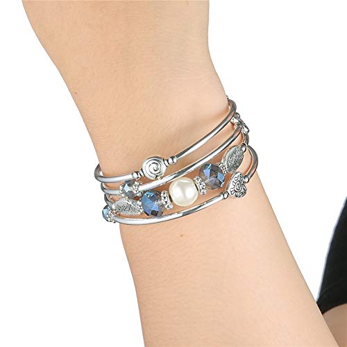 PEARL&CLUB Bead Crystal Wrap Bangle Bracelet - Fashion Jewelry Beaded Bracelet with Silver Metal, Gifts for Women(92-Blue)