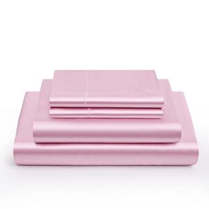 Vonty Satin Sheets Twin Silky Soft Satin Bed Sheets Pink Satin Sheet Set, 1 Deep Pocket Fitted Sheet + 1 Flat Sheet + 1 Pillowcases