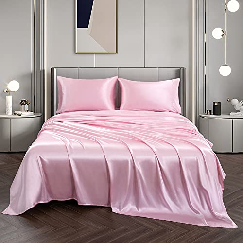 Vonty Satin Sheets Twin Silky Soft Satin Bed Sheets Pink Satin Sheet Set, 1 Deep Pocket Fitted Sheet + 1 Flat Sheet + 1 Pillowcases