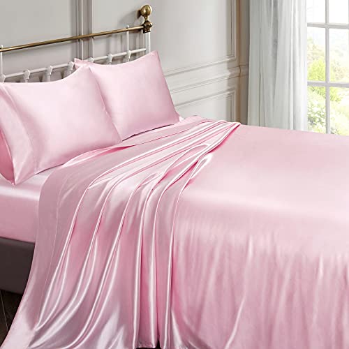 Vonty Satin Sheets Twin Silky Soft Satin Bed Sheets Pink Satin Sheet Set, 1 Deep Pocket Fitted Sheet + 1 Flat Sheet + 1 Pillowcases