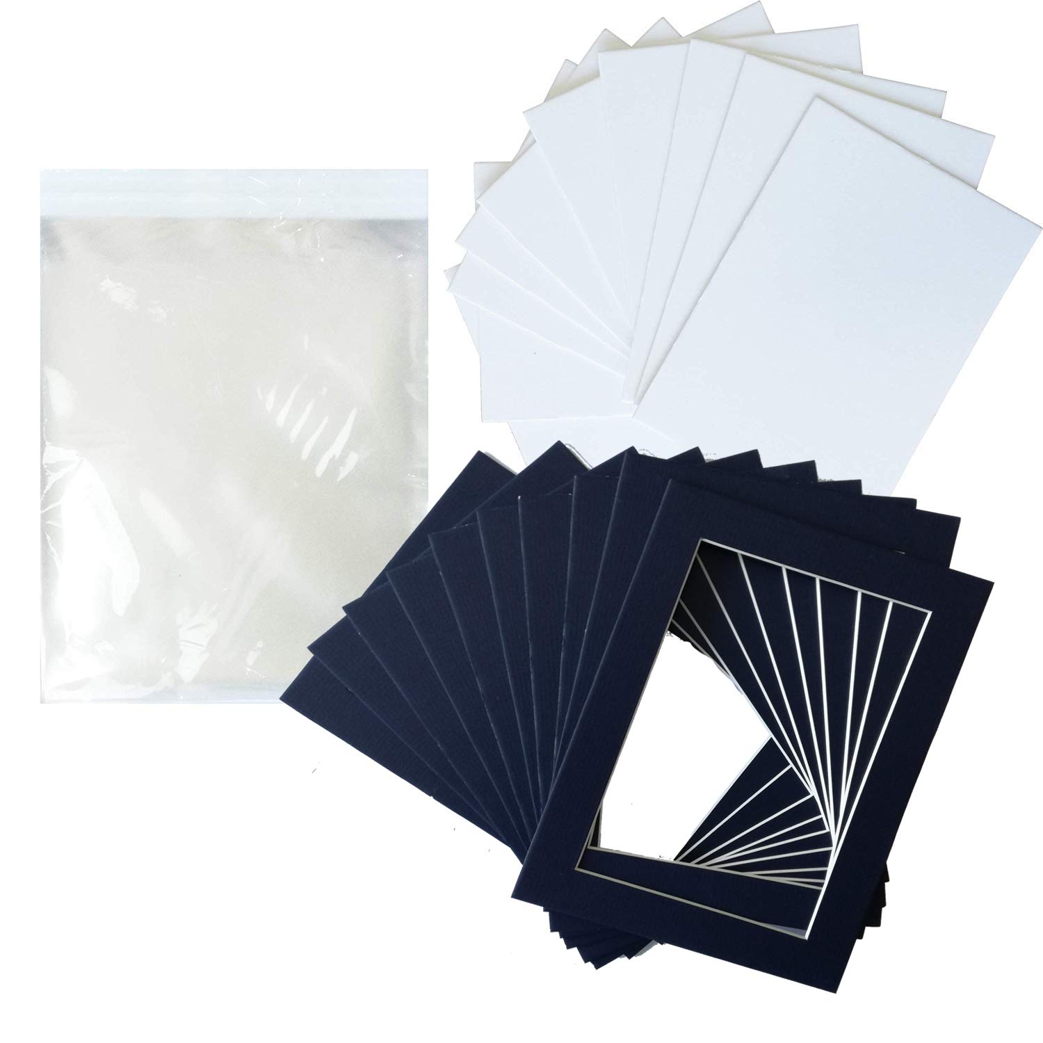 Studio 500, Pack of 10 11x14 Blue Picture Mat Set with White Core Bevel Cut for 8x10 Picture Matte Set + Backing Board + Clear Plastic Bags (Pack of 10 Blue 11x14 Complete Set)