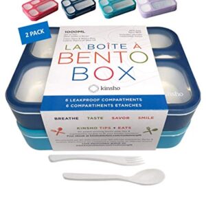 Bento-Box Lunch Boxes for Kids, Boys, Adults. Leakproof Lunch Set, Bentoboxes for School or Work. Portion Containers. BPA Free. 6 Compartments. Fork & Spoon. Blue & Navy Blue Large