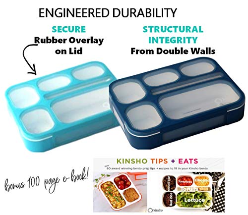 Bento-Box Lunch Boxes for Kids, Boys, Adults. Leakproof Lunch Set, Bentoboxes for School or Work. Portion Containers. BPA Free. 6 Compartments. Fork & Spoon. Blue & Navy Blue Large