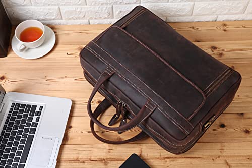 Vintage Genuine Leather Briefcase for Men 17 Inch Laptop Computer Case Business Travel Work Messenger Cross Body Shoulder Bags, Brown