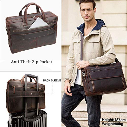 Vintage Genuine Leather Briefcase for Men 17 Inch Laptop Computer Case Business Travel Work Messenger Cross Body Shoulder Bags, Brown