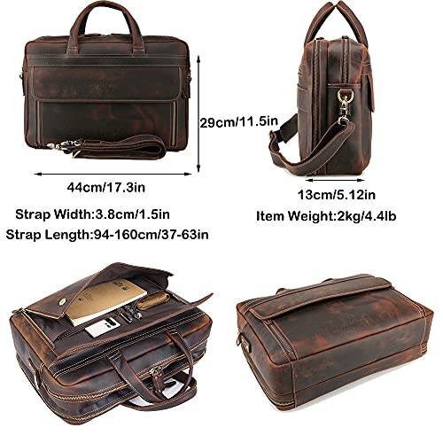 Vintage Genuine Leather Briefcase for Men 17 Inch Laptop Computer Case Business Travel Work Messenger Cross Body Shoulder Bags, Brown