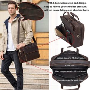 Vintage Genuine Leather Briefcase for Men 17 Inch Laptop Computer Case Business Travel Work Messenger Cross Body Shoulder Bags, Brown