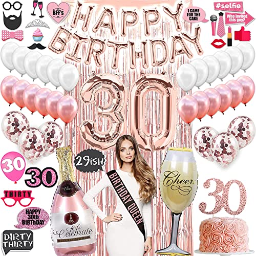 30th Birthday Decorations For Women (75 Pk) Rose Gold Dirty 30 Birthday Decorations For Her, Party Photo Backdrop, Sash, Happy Birthday Banner, Cake Topper, Balloon, 30th Birthday Gifts For Her Girls