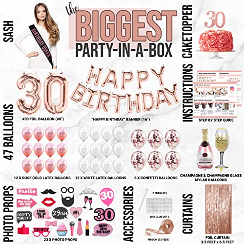 30th Birthday Decorations For Women (75 Pk) Rose Gold Dirty 30 Birthday Decorations For Her, Party Photo Backdrop, Sash, Happy Birthday Banner, Cake Topper, Balloon, 30th Birthday Gifts For Her Girls