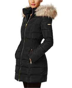 laundry by shelli segal women's 3/4 puffer jacket with zig zag cinched waist and faux fur trim hood, vintage black, small