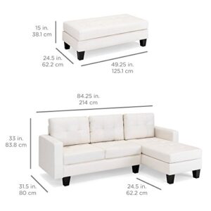 Best Choice Products Tufted Faux Leather 3-Seat L-Shape Sectional Sofa Couch Set w/Chaise Lounge, Ottoman Coffee Table Bench, White