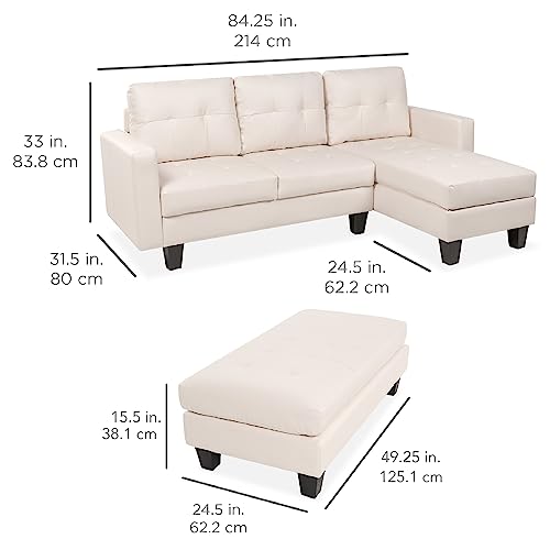 Best Choice Products Tufted Faux Leather 3-Seat L-Shape Sectional Sofa Couch Set w/Chaise Lounge, Ottoman Coffee Table Bench, White