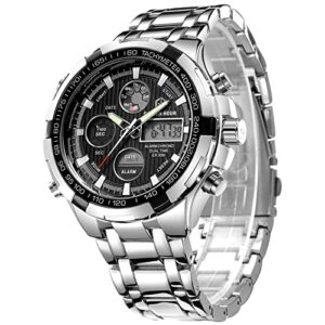 golden hour luxury stainless steel analog digital watches for men male outdoor sport waterproof big heavy wristwatch (silver black)