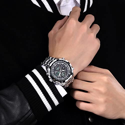 GOLDEN HOUR Luxury Stainless Steel Analog Digital Watches for Men Male Outdoor Sport Waterproof Big Heavy Wristwatch (Silver Black)