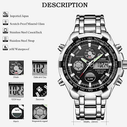 GOLDEN HOUR Luxury Stainless Steel Analog Digital Watches for Men Male Outdoor Sport Waterproof Big Heavy Wristwatch (Silver Black)