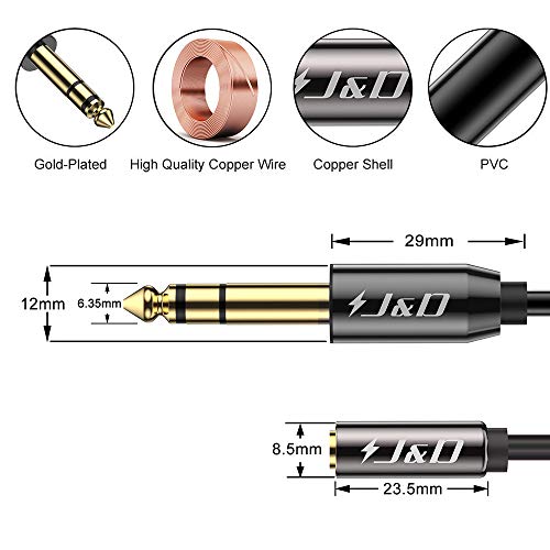 J&D 1/4 inch to 3.5mm Headphone Adapter, Gold Plated Copper Shell 3.5mm 1/8 inch Female TRS to 6.35mm 1/4 inch Male TRS Stereo Audio Cable for Guitar Amp, Amplifiers,headphones extension cable, 6 Feet