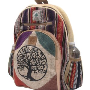 KayJayStyles Bohemian Handmade & Print Large Multi Pocket Hemp Rucksack Backpack (Tree Of Life)