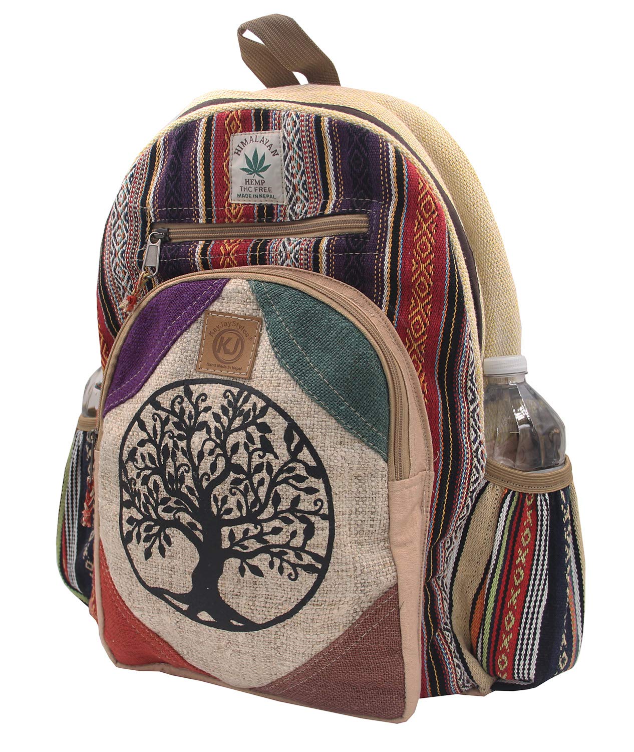 KayJayStyles Bohemian Handmade & Print Large Multi Pocket Hemp Rucksack Backpack (Tree Of Life)