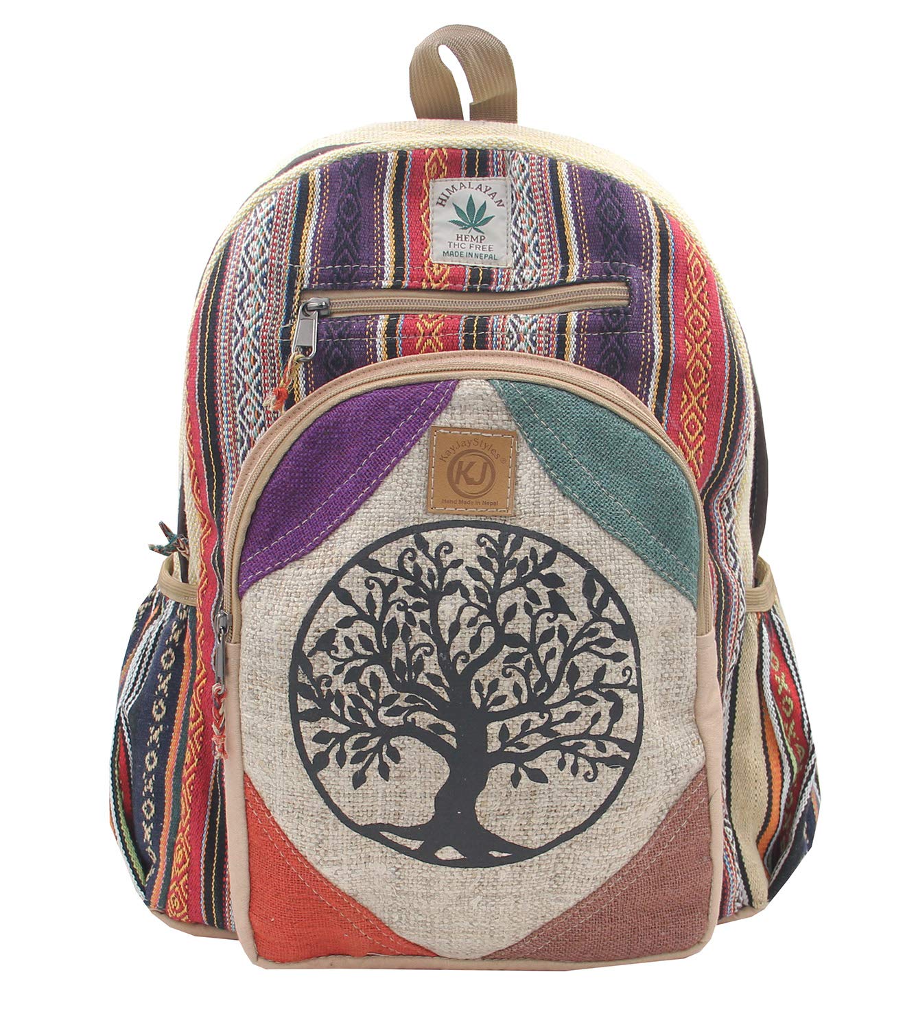 KayJayStyles Bohemian Handmade & Print Large Multi Pocket Hemp Rucksack Backpack (Tree Of Life)