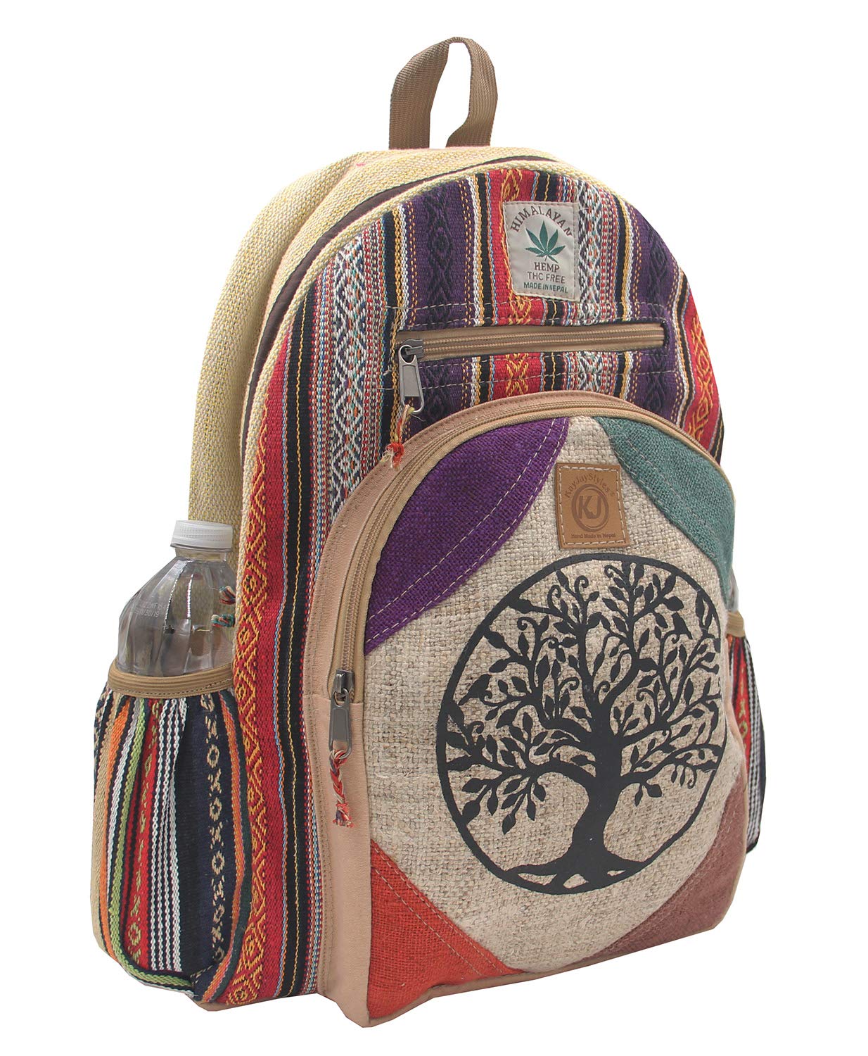 KayJayStyles Bohemian Handmade & Print Large Multi Pocket Hemp Rucksack Backpack (Tree Of Life)