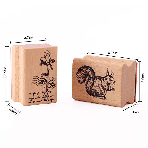 15pcs Wooden Rubber Stamps Animals and Plants Patterns Stamps Set for DIY Craft Card Scrapbooking Supplies