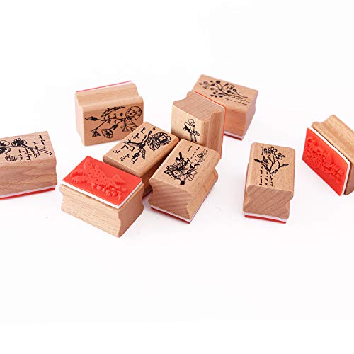 15pcs Wooden Rubber Stamps Animals and Plants Patterns Stamps Set for DIY Craft Card Scrapbooking Supplies